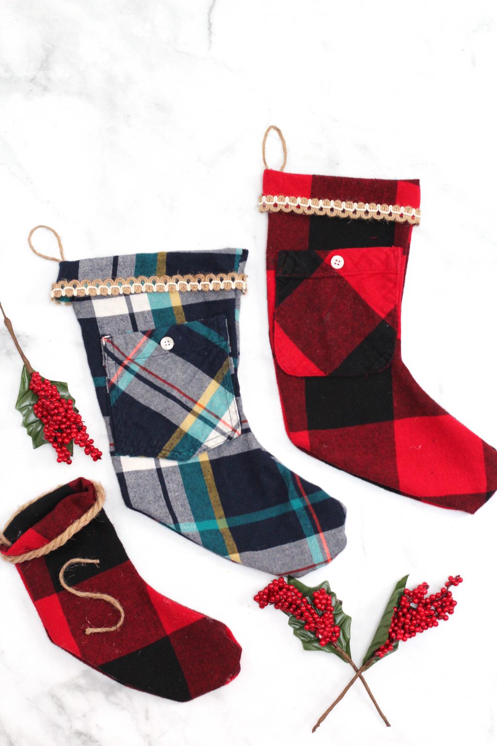 DIY Stockings Made From Old Flannel Shirts {Free Pattern, No-Sew}