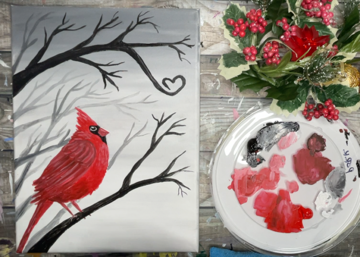 How To Paint a Cardinal On a Snowy Branch { Easy Beginner Painting }