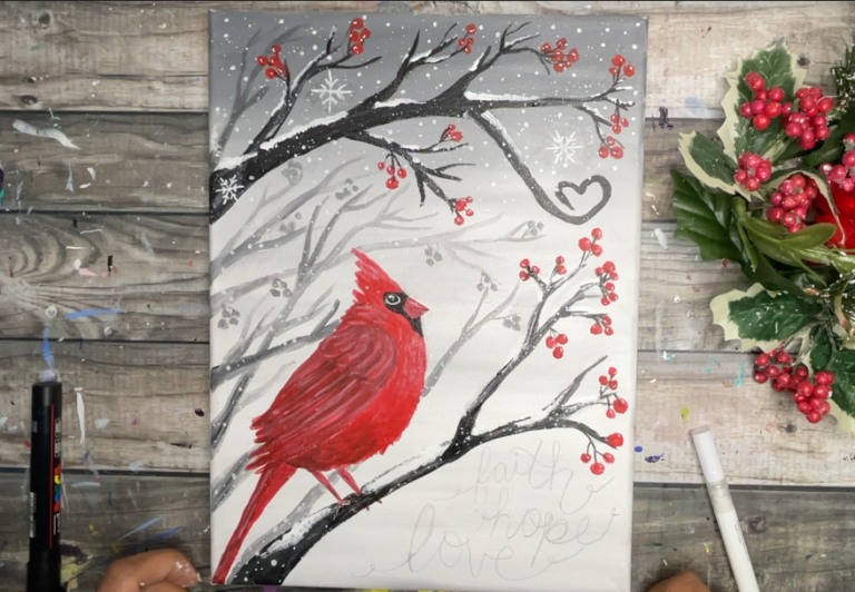 How To Paint a Cardinal On a Snowy Branch { Easy Beginner Painting }